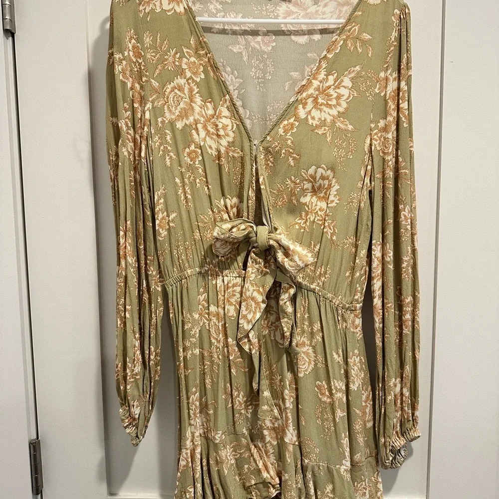 Kivari | Dresses | Kivari Olive Green Floral Mini Dress With Cream Tan ...